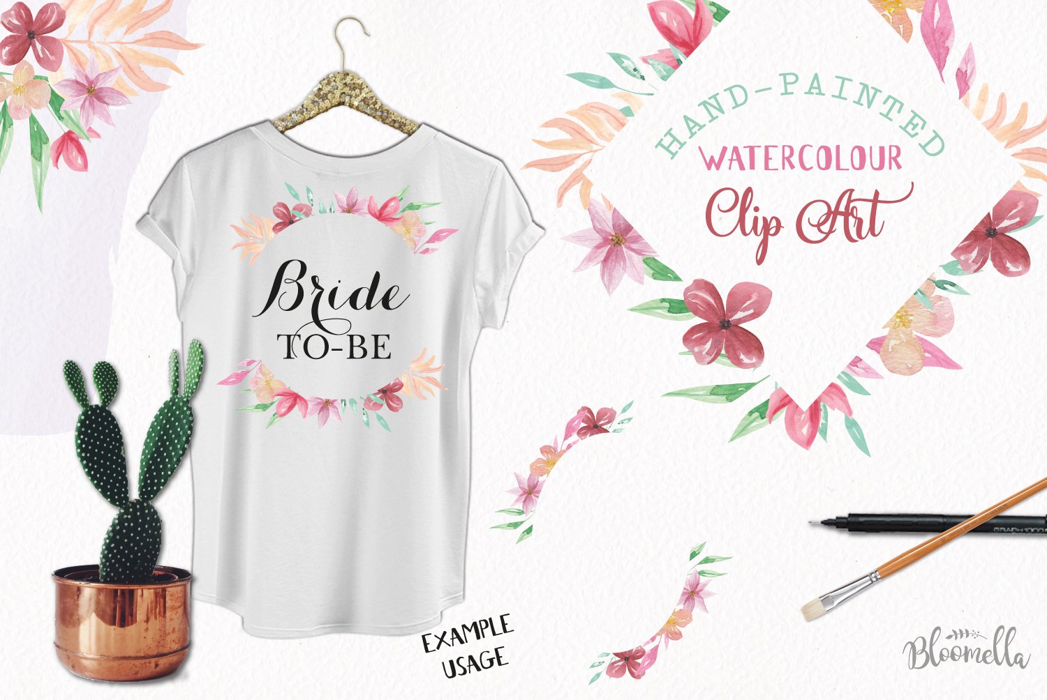 Watercolor Frames Borders Flowers Pink Wedding Set