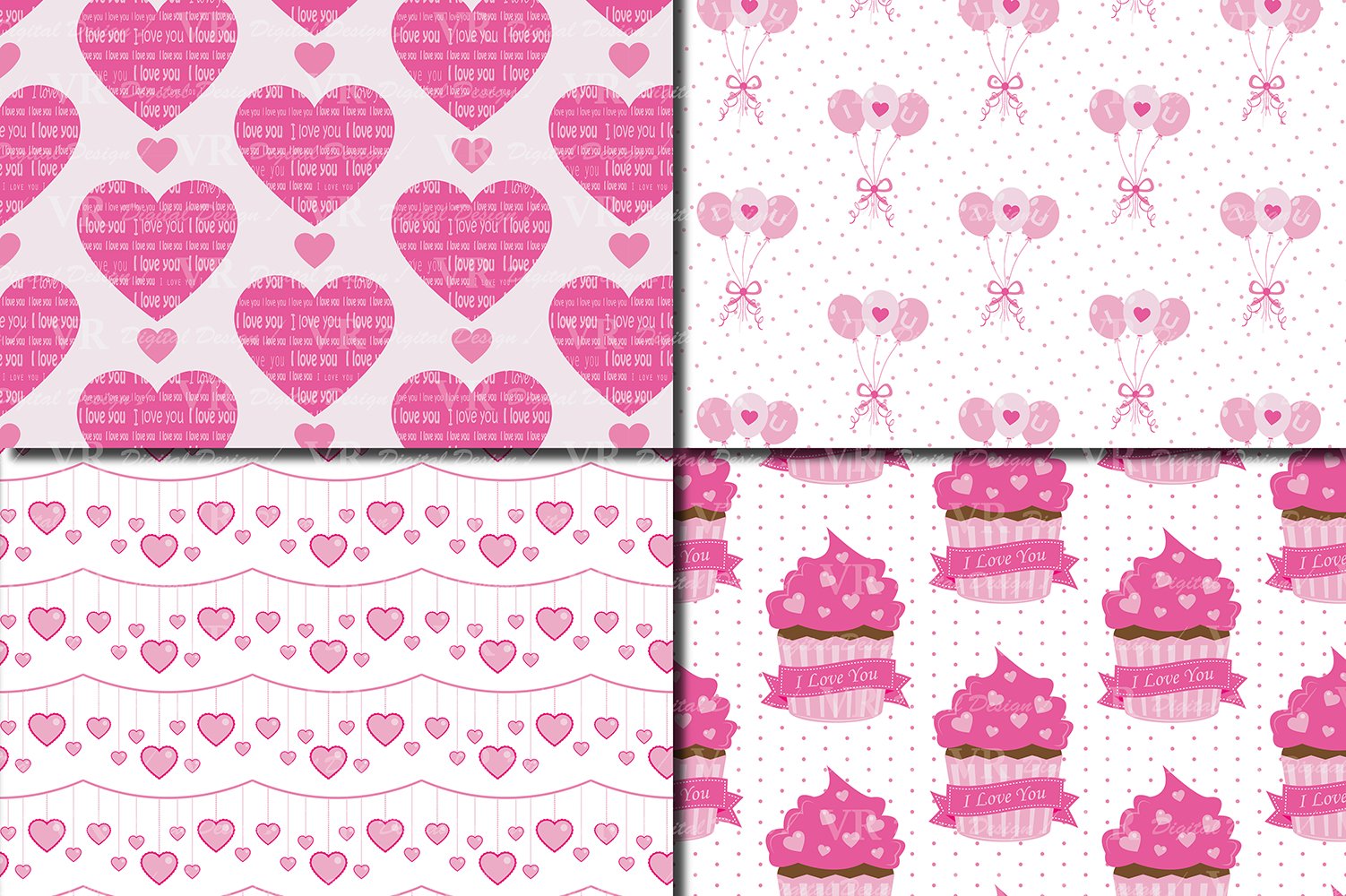 Pink Valentine`s Day Digital Paper Pack with Hearts, Cupcakes ...