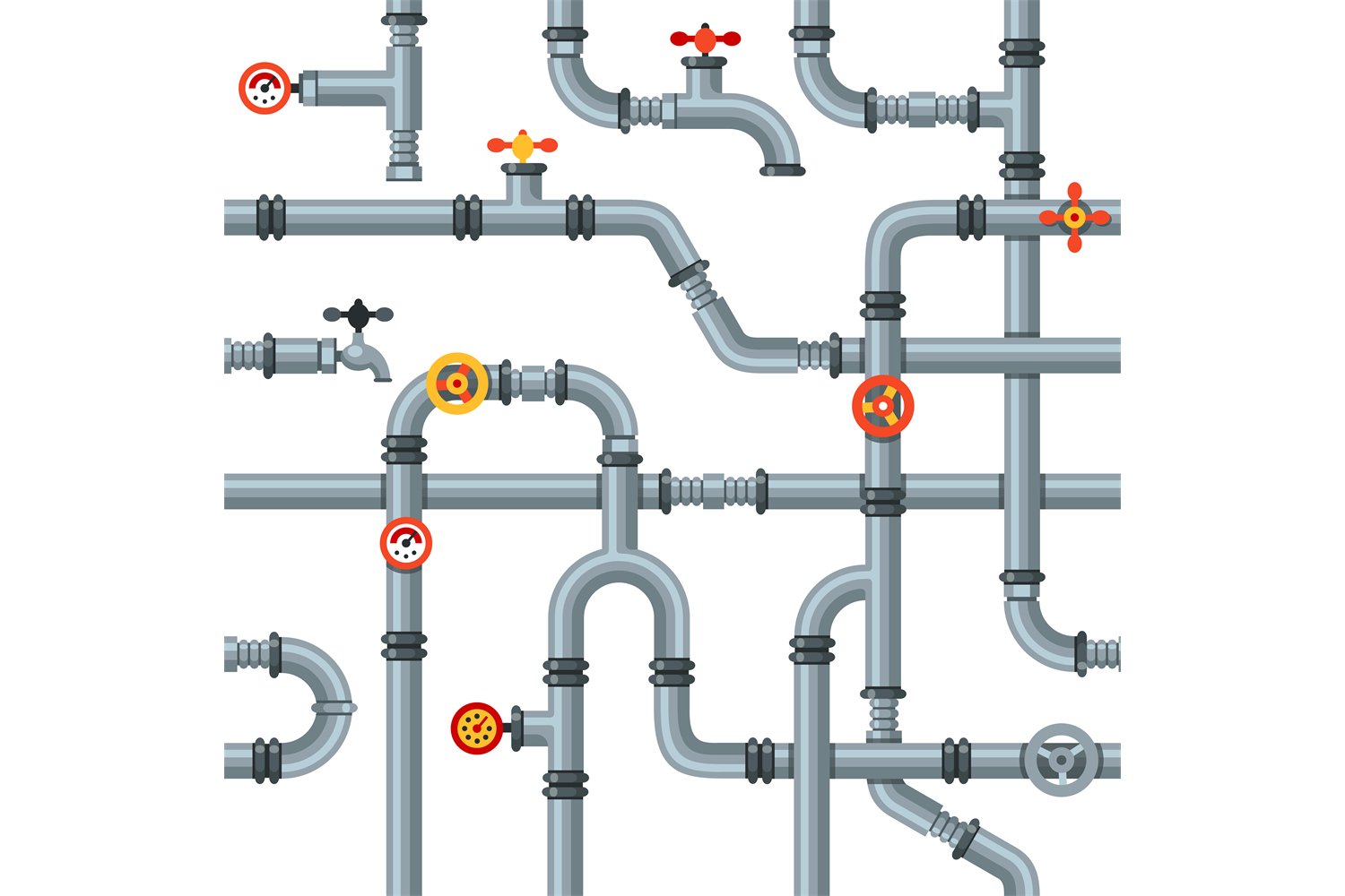 Industrial pipes seamless pattern. Pipe valves and taps, dra