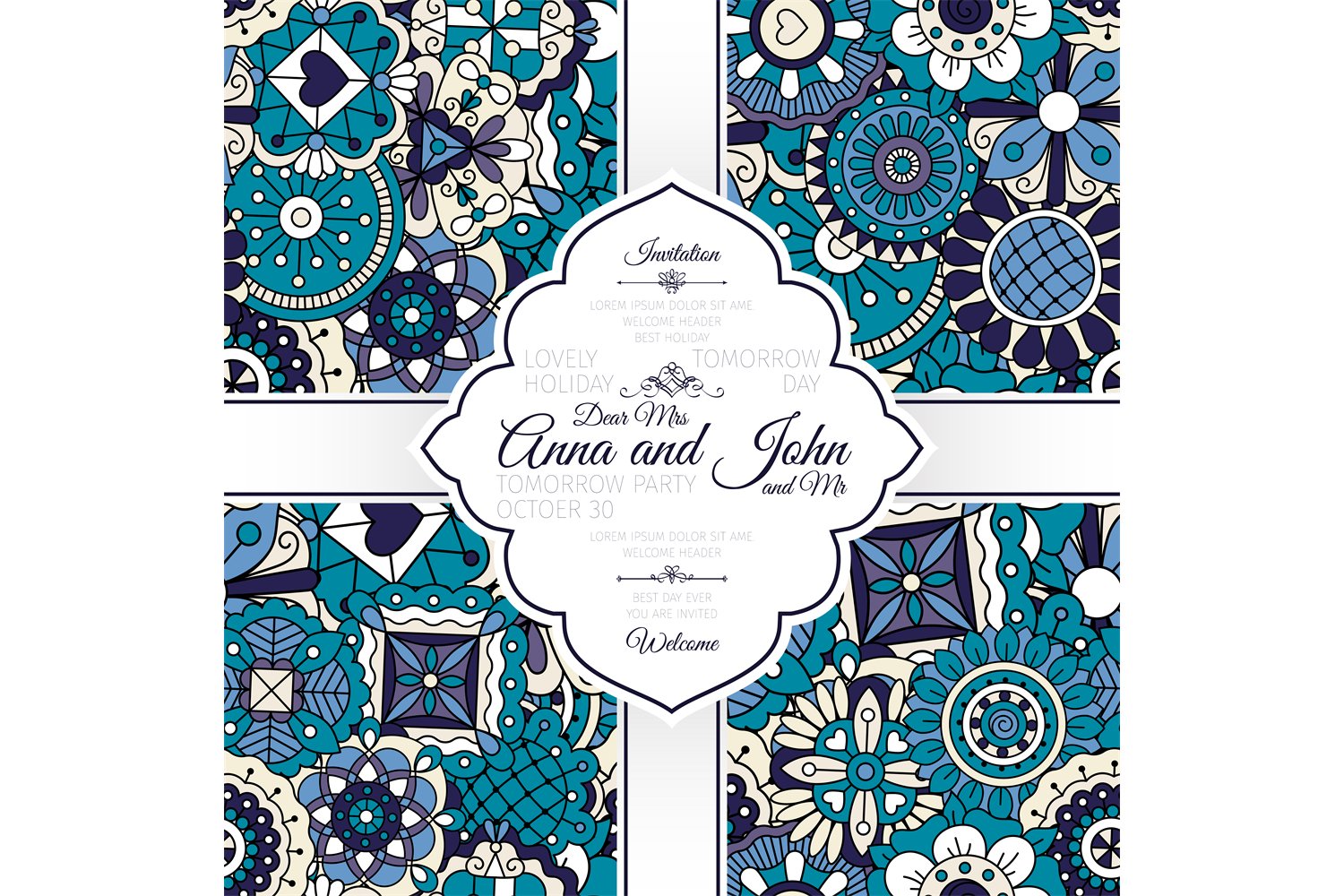 Invitation card with blue doodle pattern (874831) | Illustrations ...