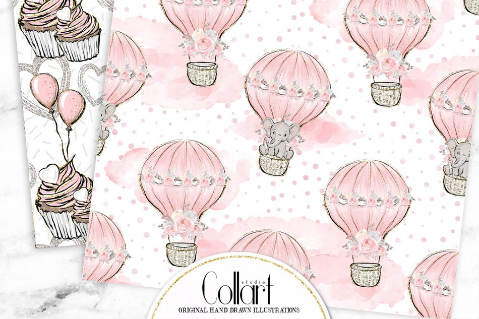 Elephant digital paper, baby girl papers, seamless patterns (231219 ...