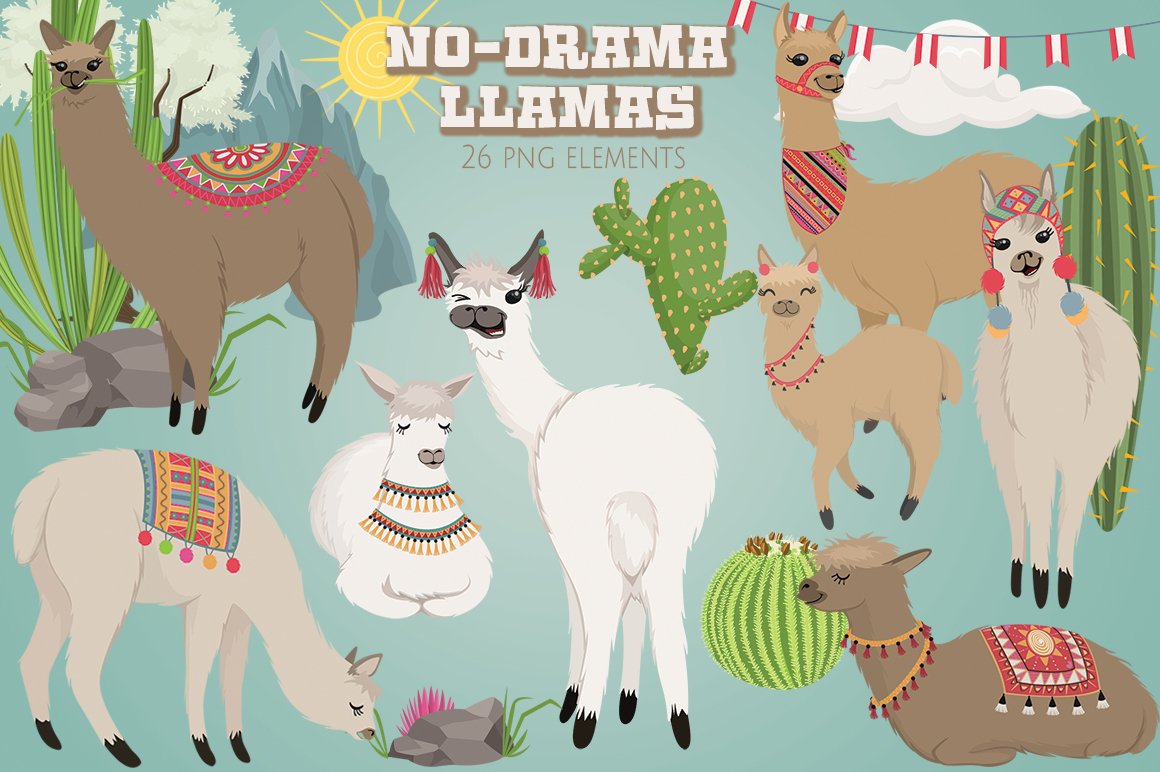 No Drama Llamas Graphics Set (163536) | Illustrations | Design Bundles