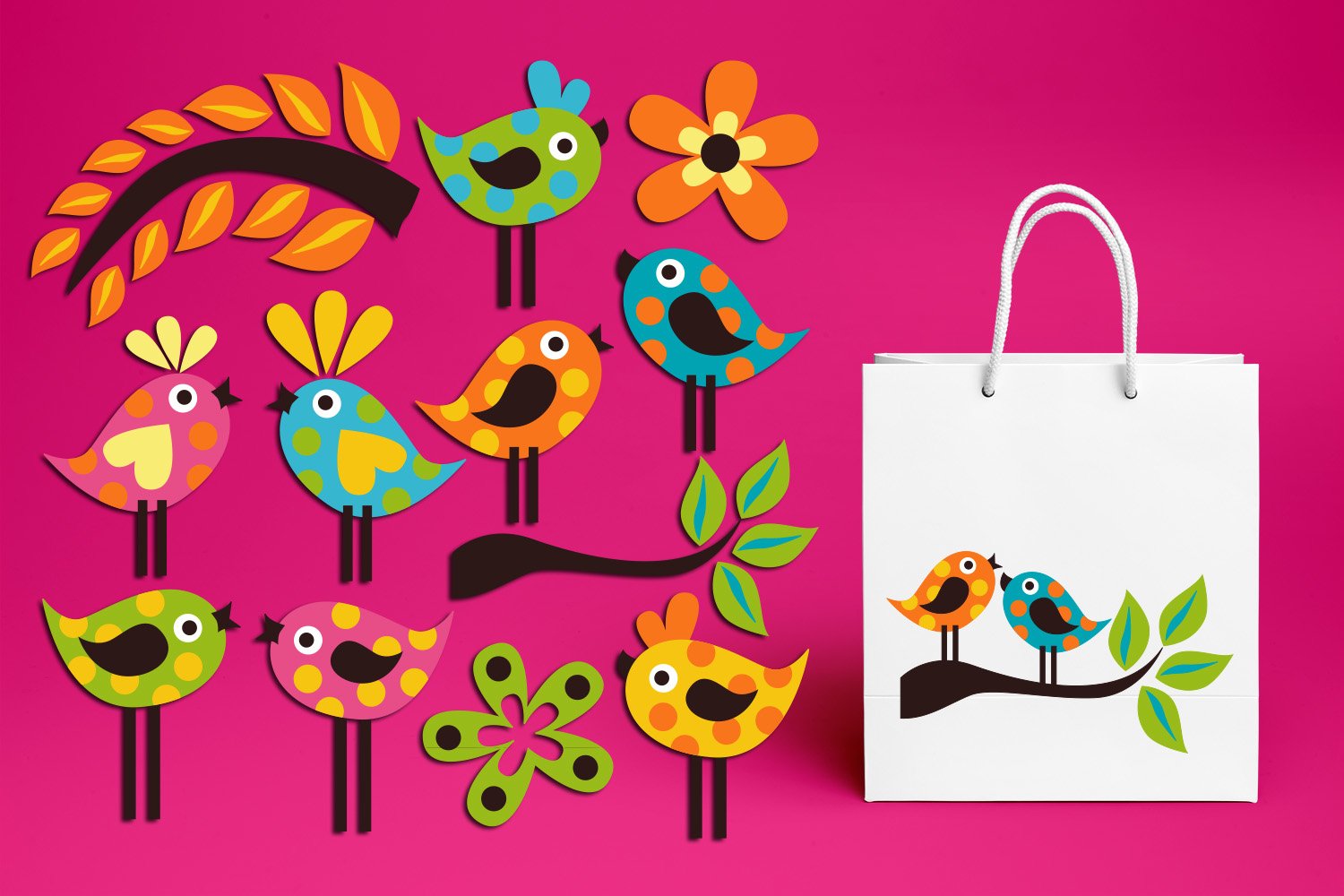 Colorful Polkadot Birds graphics, Spring illustrations (79174 ...