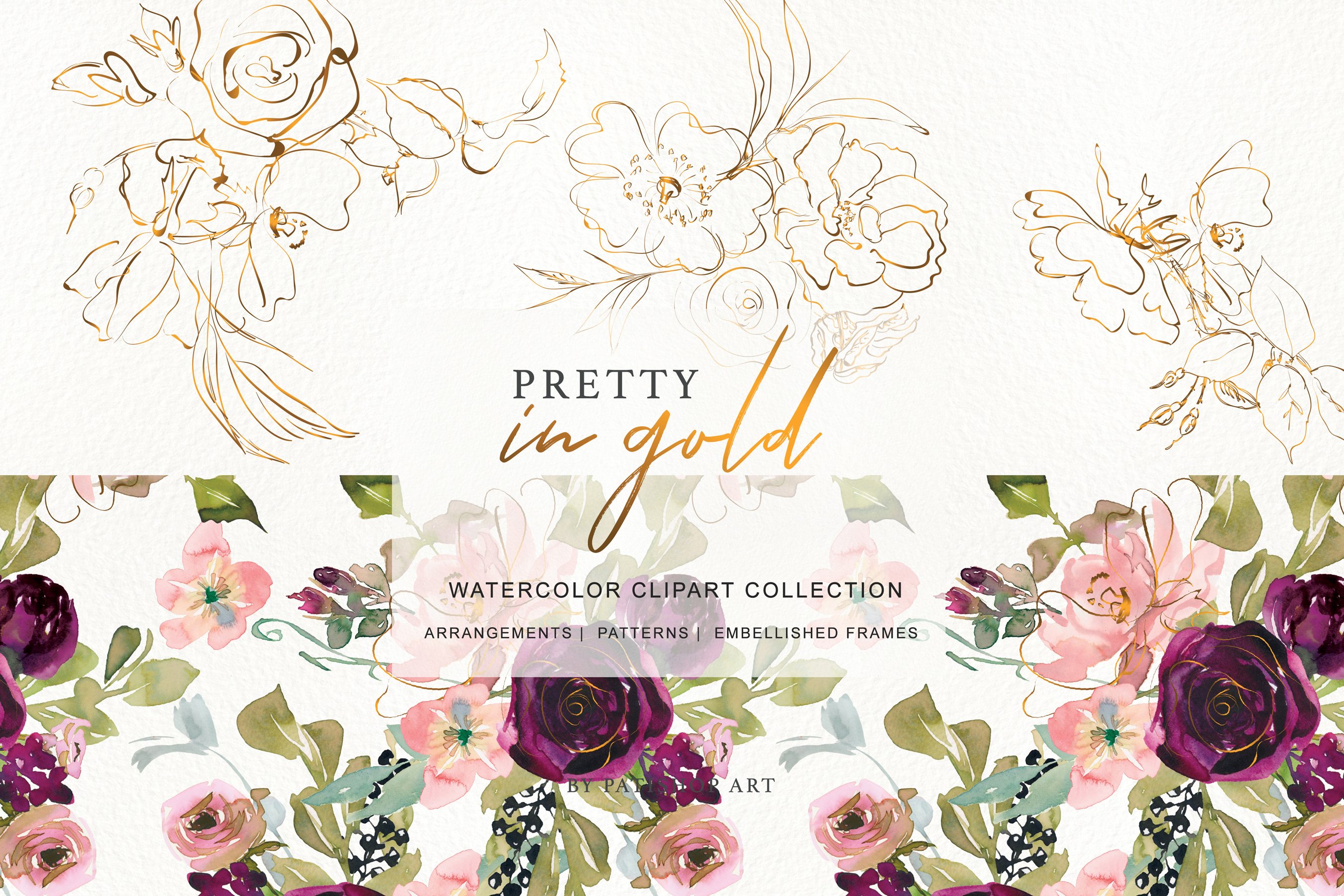 Watercolor Burgundy Blush and Gold Floral Bouquet Clipart (226811 ...