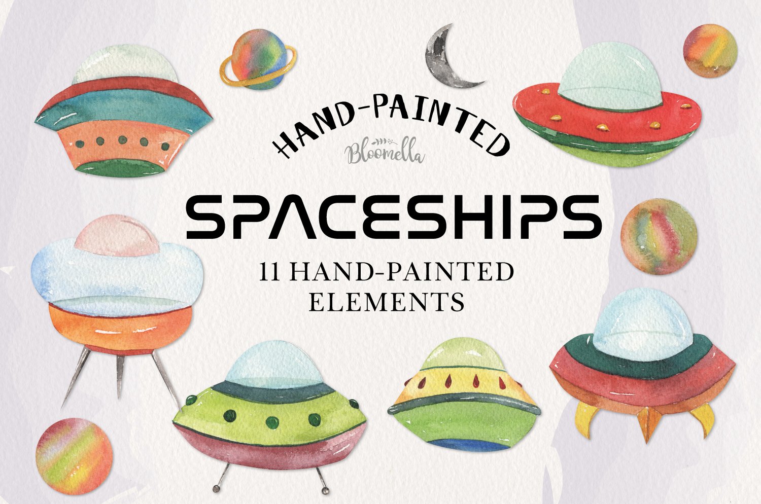 Spaceship Watercolor 11 Elements Space Planets Galaxy