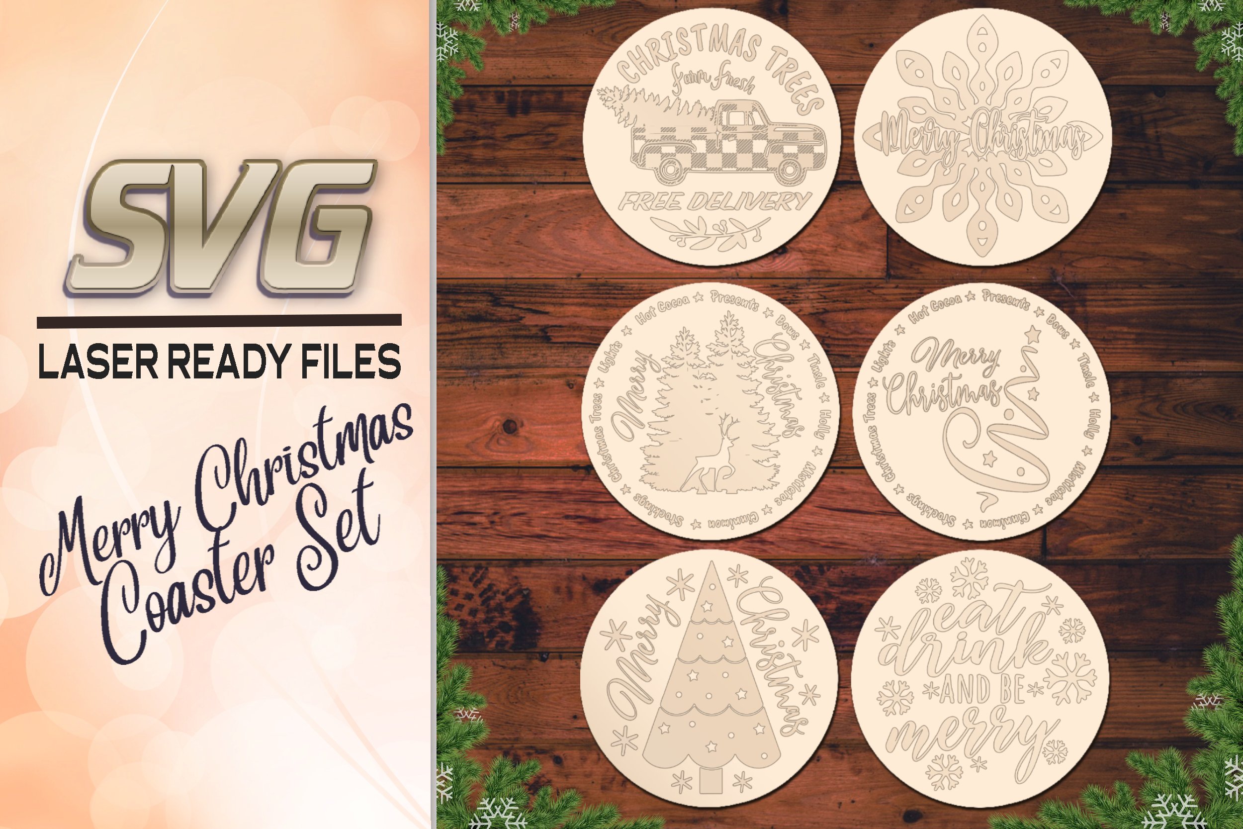 Merry Christmas Coaster Set SVG Laser Glowforge Files (882966) | Laser ...