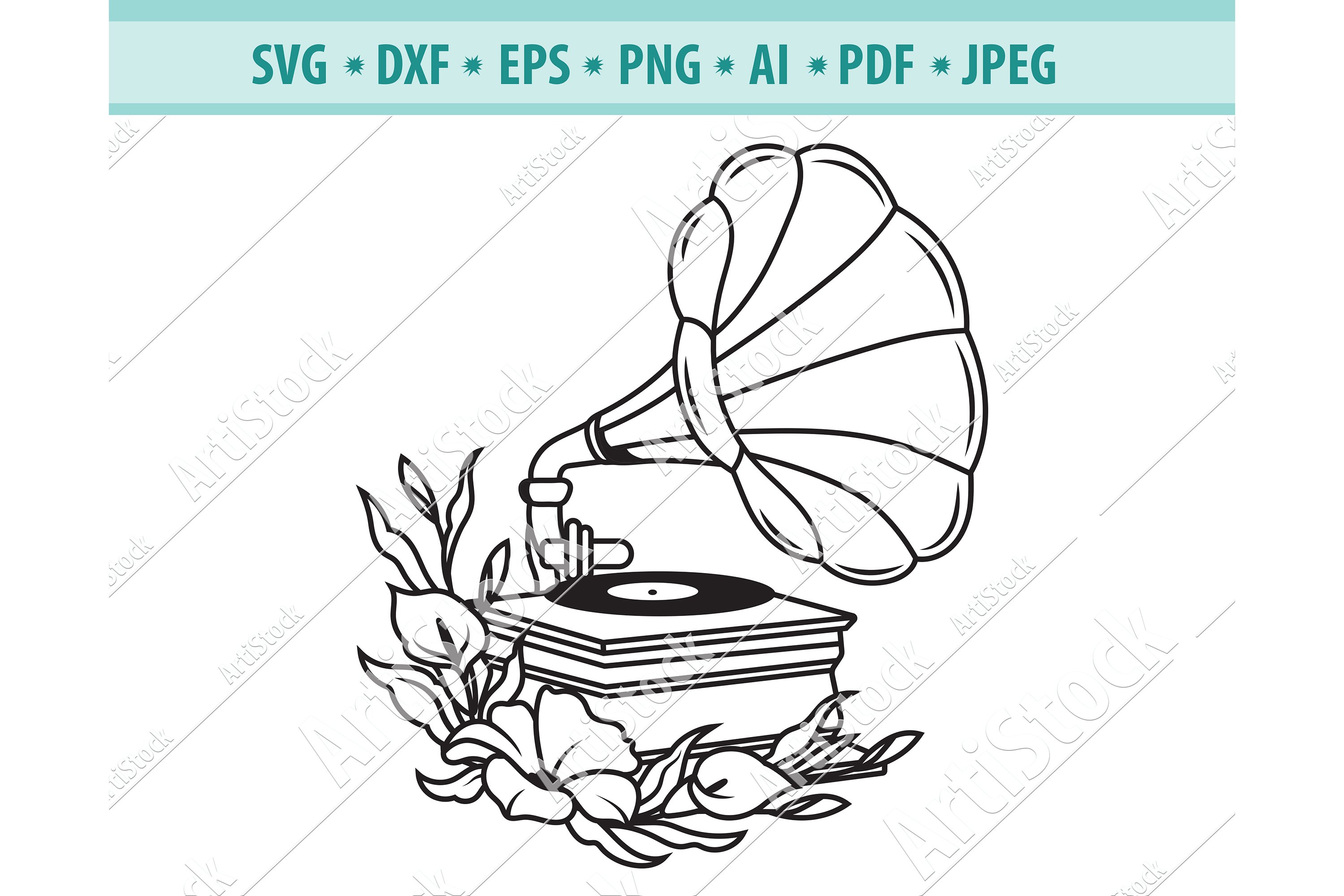 Gramophone with flowers Svg, Floral phonograph Dxf, Png, Eps (710442 ...