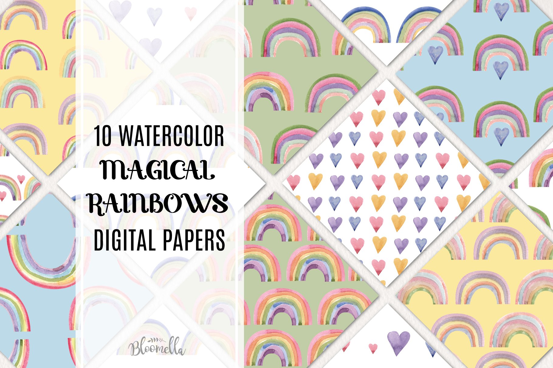 Rainbow Seamless Patterns Digital Paper Watercolor Hearts