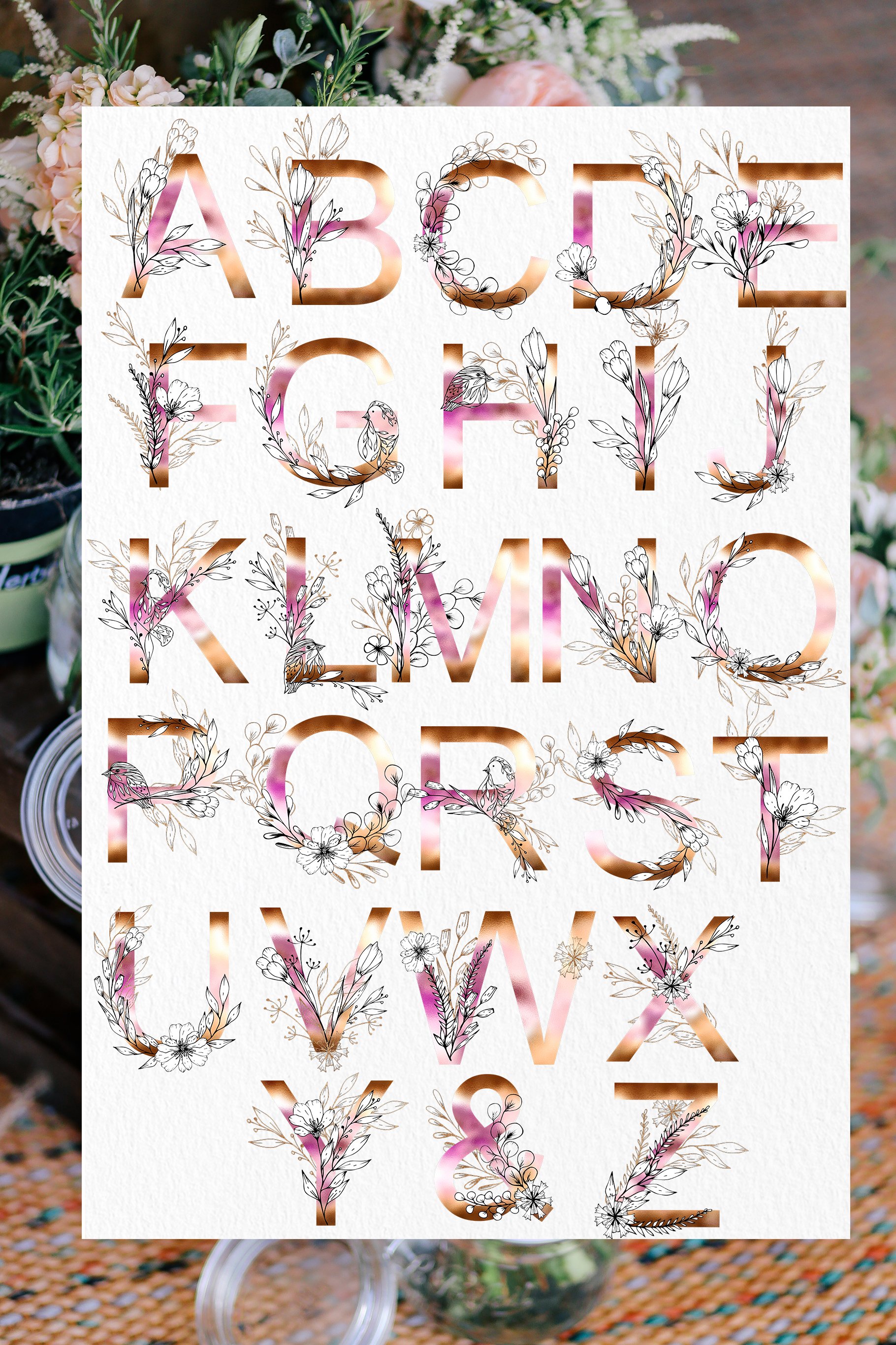 Floral Alphabet , monograms, letters for wedding, pink gold (517603 ...