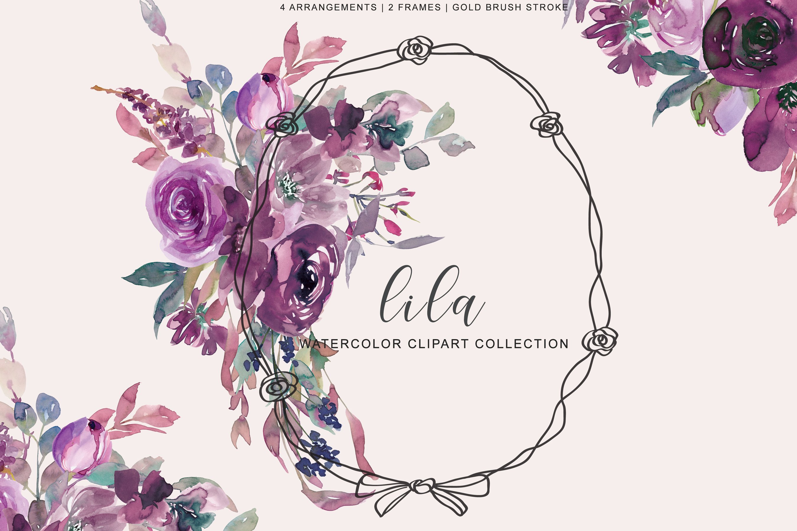 Watercolor Mauve Rose Clipart Hand Drawn Frame Set (163586 ...