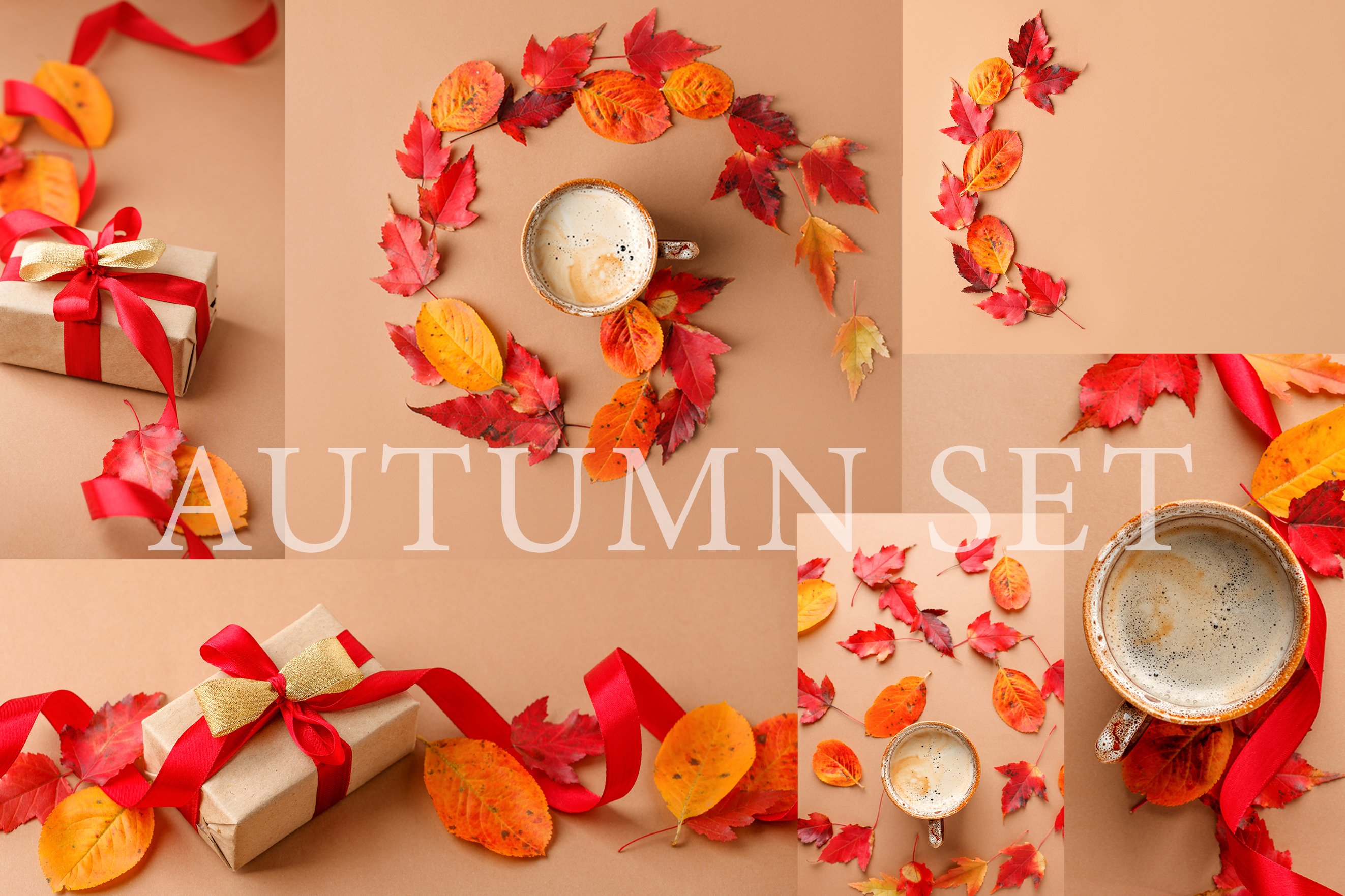 Autumn set. 14 photos with fall leaves, cup of coffee (712624 ...