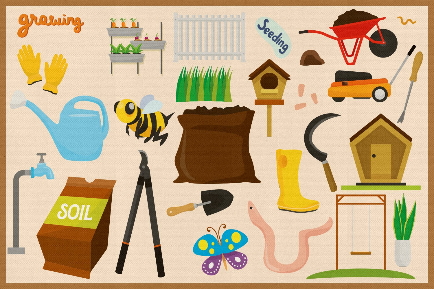 Gardening & Planting Vector Clipart and Seamless Pattern