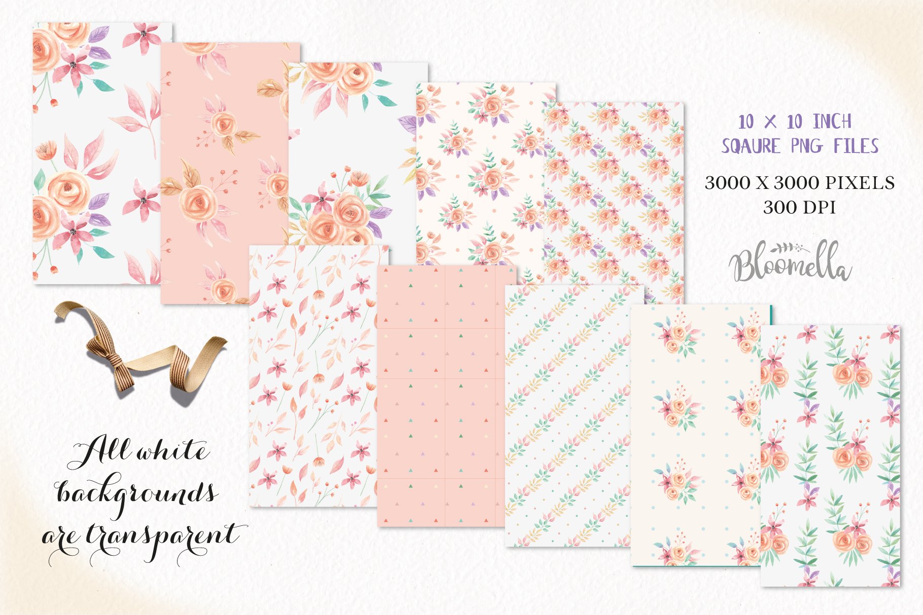 Pretty in Peach Flowers Patterns Digital Papers Coral Wedding Floral ...