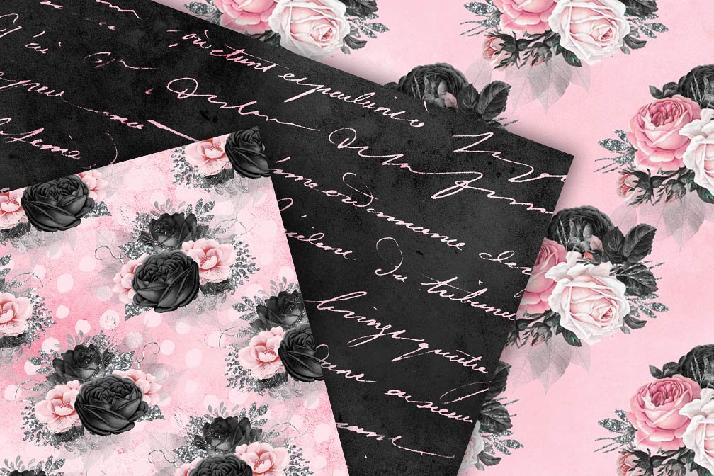 Pink and Black Floral Digital Paper (152437) | Textures | Design Bundles