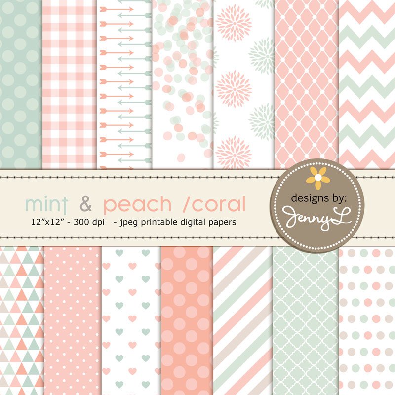 Mint and Peach Digital Papers (83402) | Backgrounds | Design Bundles