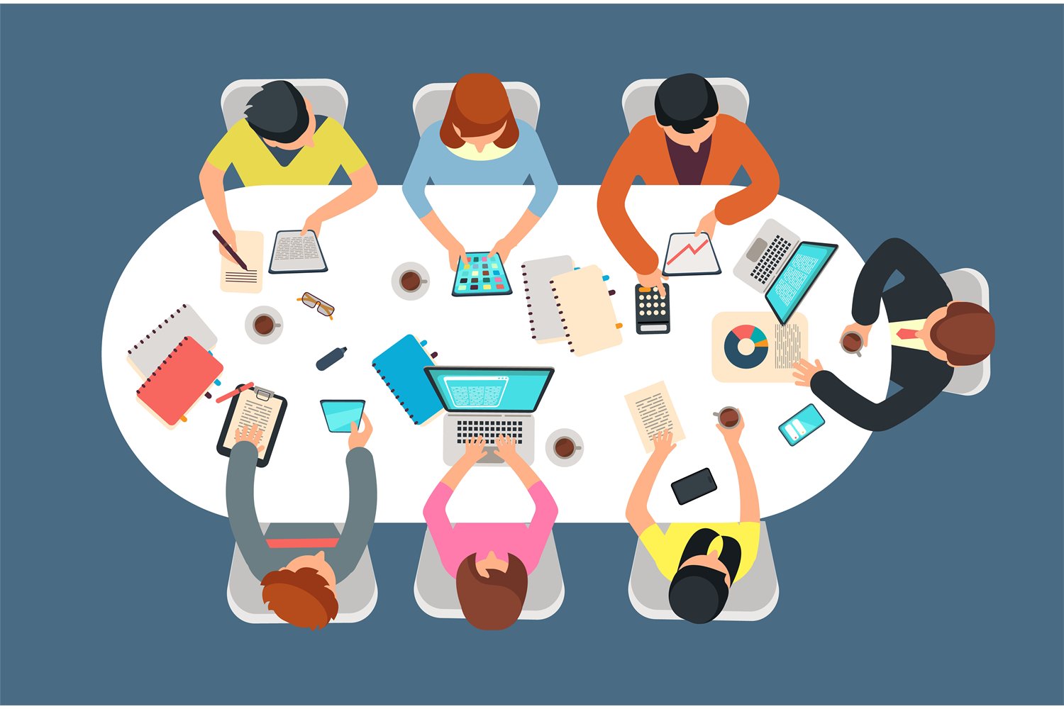 Managed team in office meeting at table top view vector illu (910781 ...