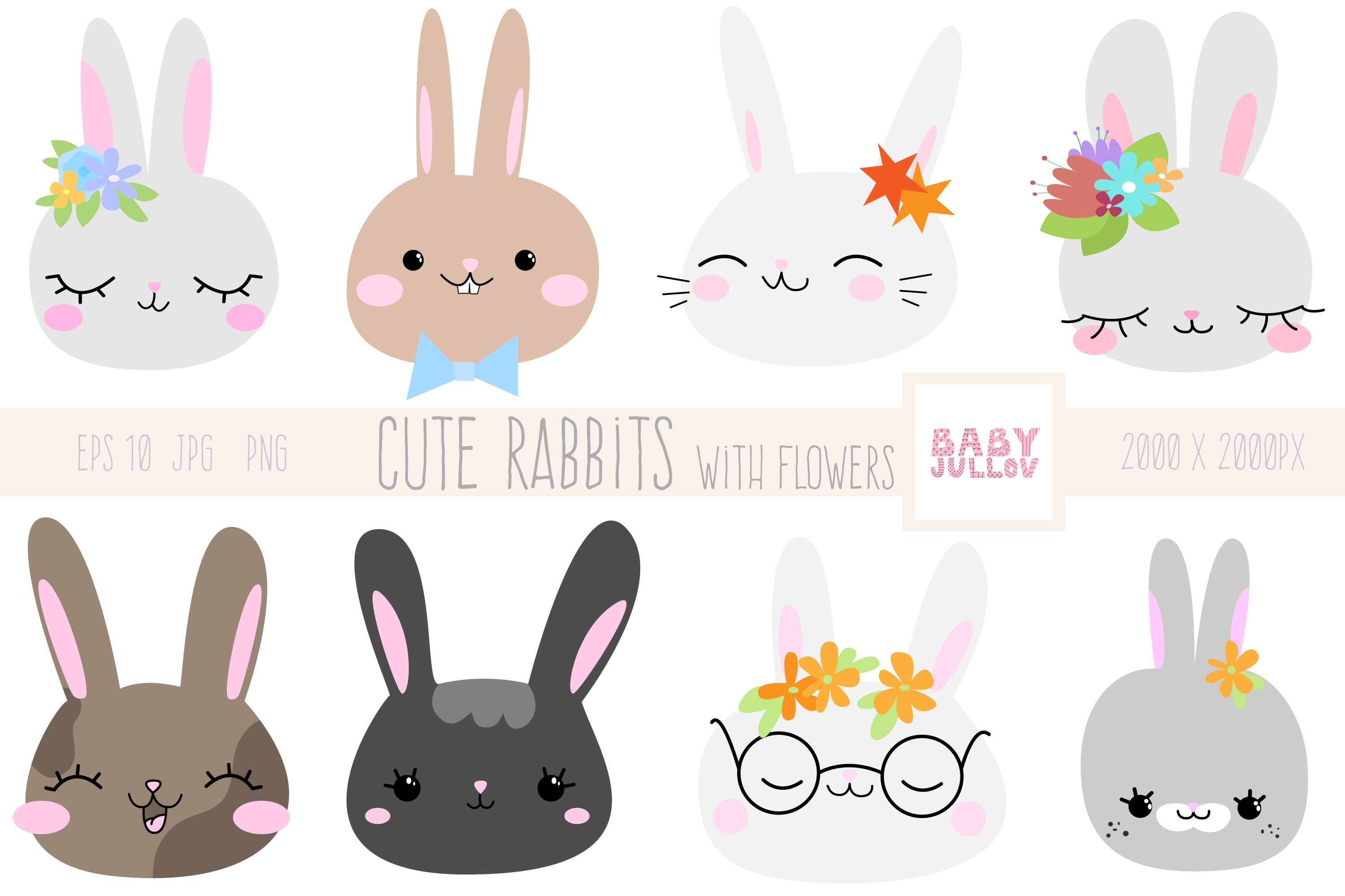 Cute Rabbits with Flowers Elements Clip art, Pet set, Bunny (1307593 ...