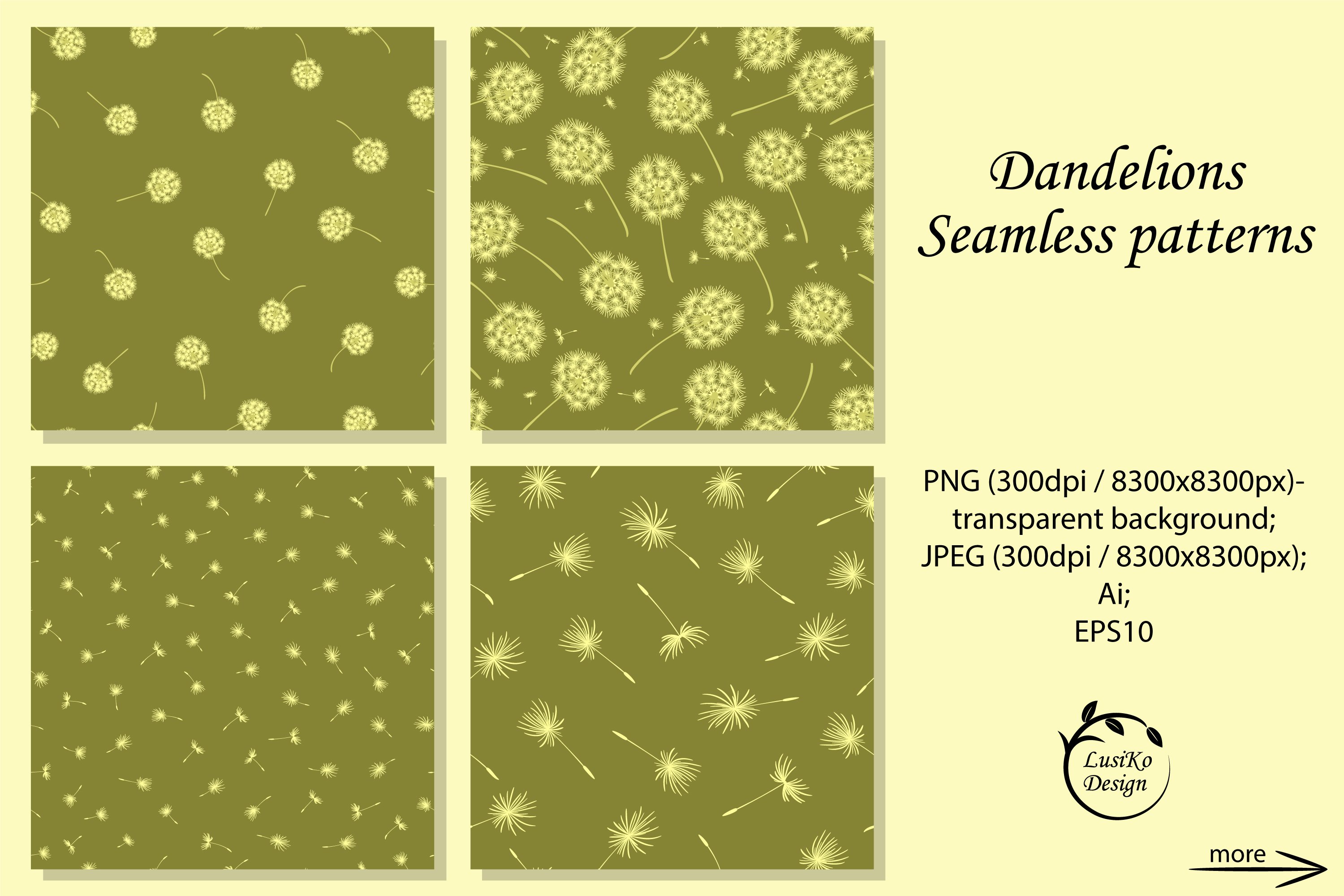 Dandelions. Seamless patterns in green (792579) | Textures | Design Bundles