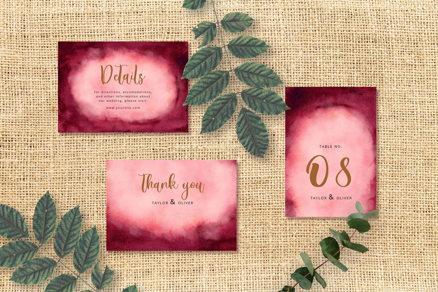 Abstract Maroon Background Wedding Invitation Set
