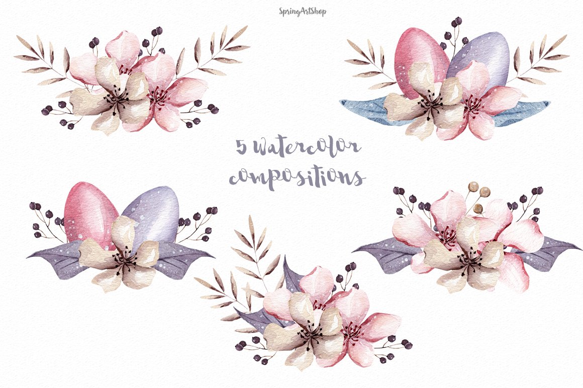 Happy Easter watercolor clipart Pastel flower illustration (136149 ...