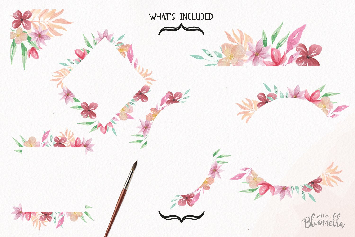 Watercolor Frames Borders Flowers Pink Wedding Set