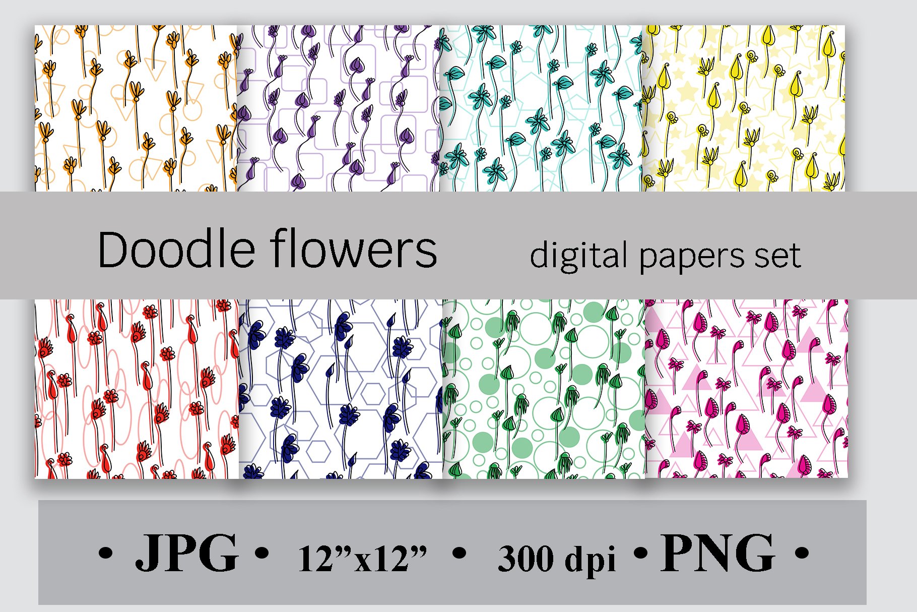 Doodle flowers Digital papers set, Cute seamless pattern (1351627 ...