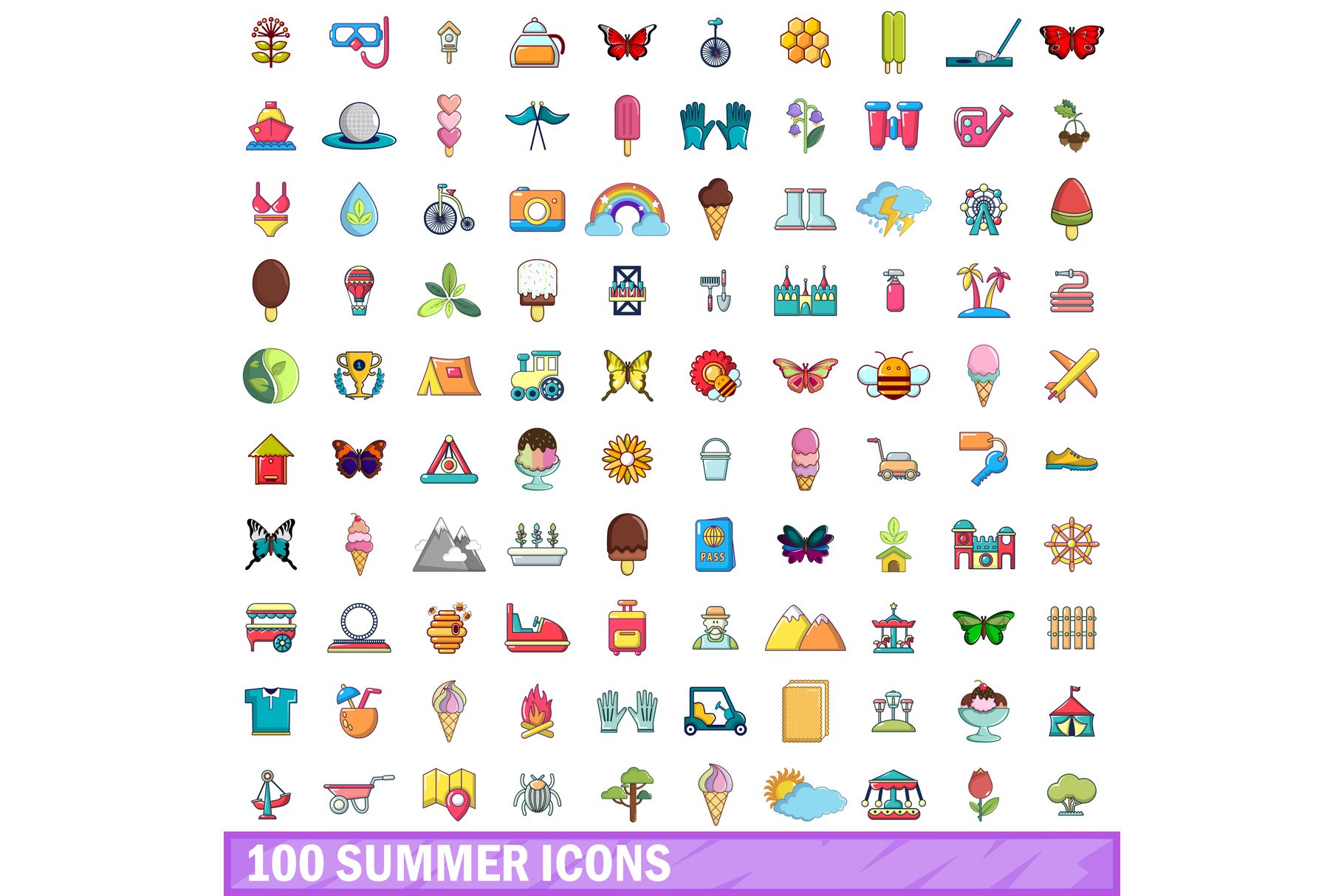 100 summer icons set, cartoon style (365600) | Icons | Design Bundles