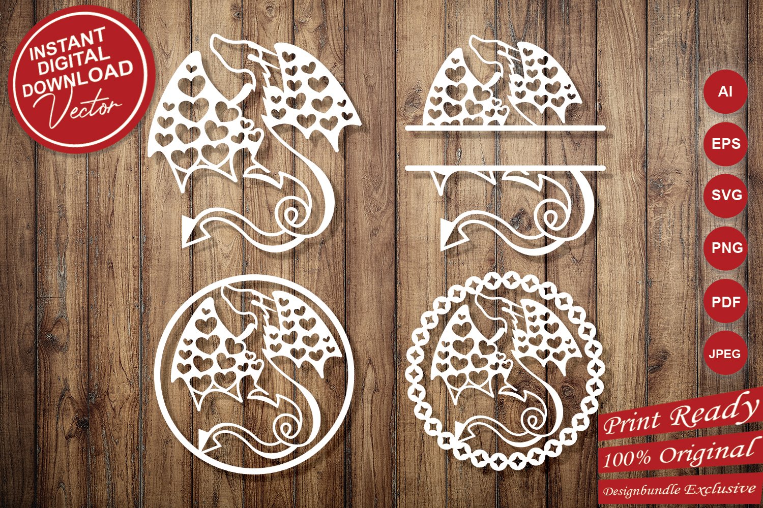 Papercut Dragons with Hearts Set, Dragon Monogram, Ornaments