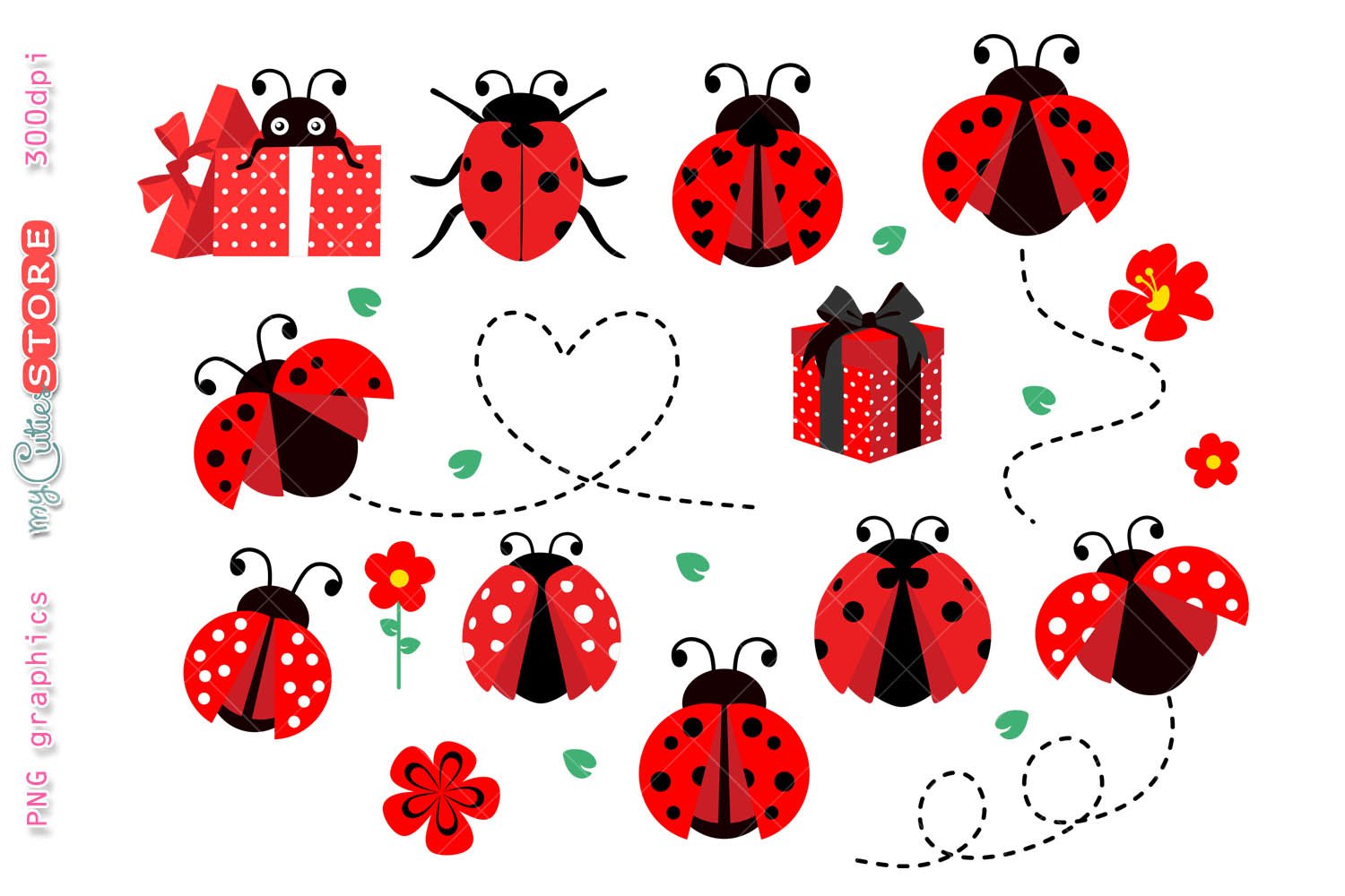 Collection ladybugs clipart set with gift boxes, png graphic (137032 ...