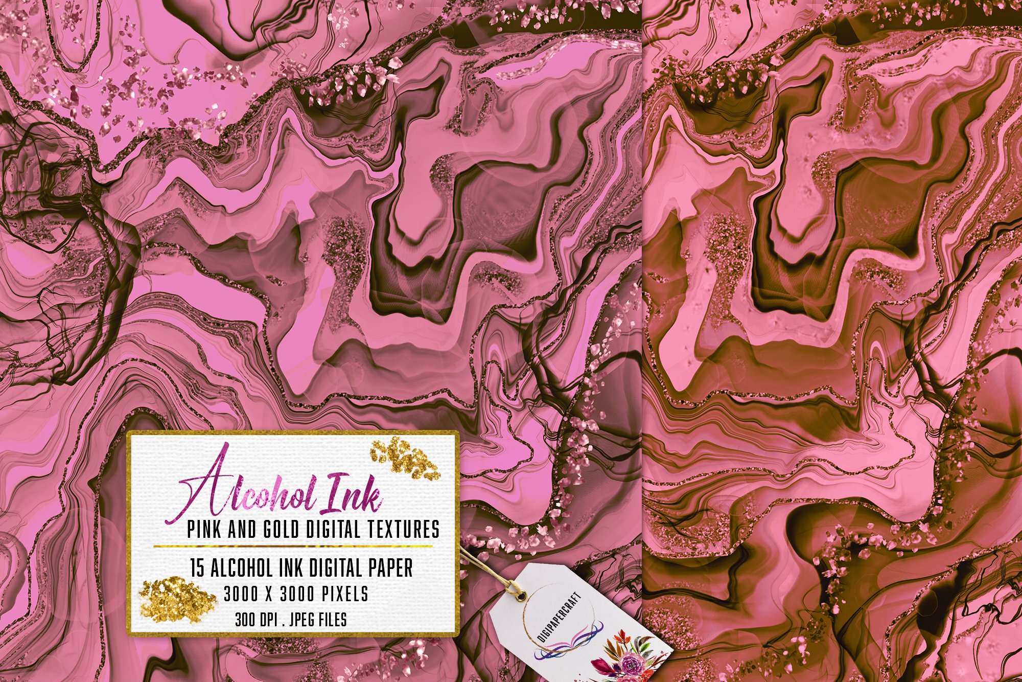 Pink Alcohol Ink digital paper, Gold Liquid ink textures (829478 ...