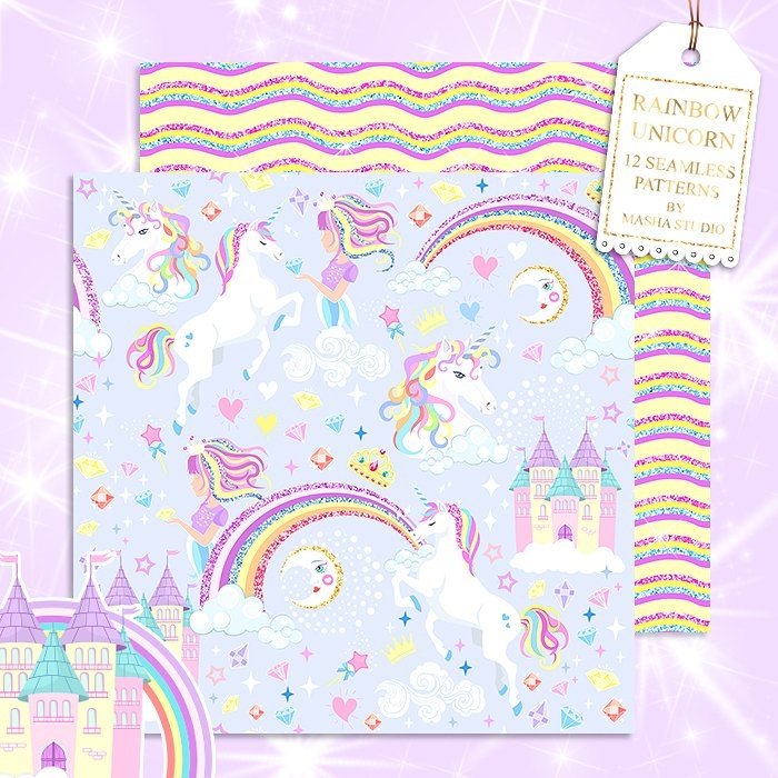 RAINBOW UNICORN digital paper pack (83677) | Patterns | Design Bundles