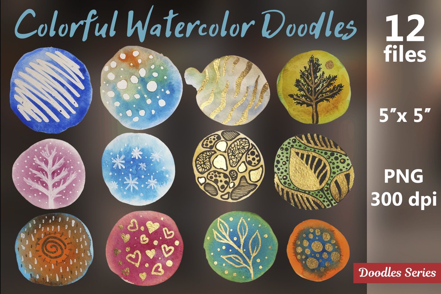 Colorful Watercolor Doodles. 12 PNG files. (1393941) | Elements ...