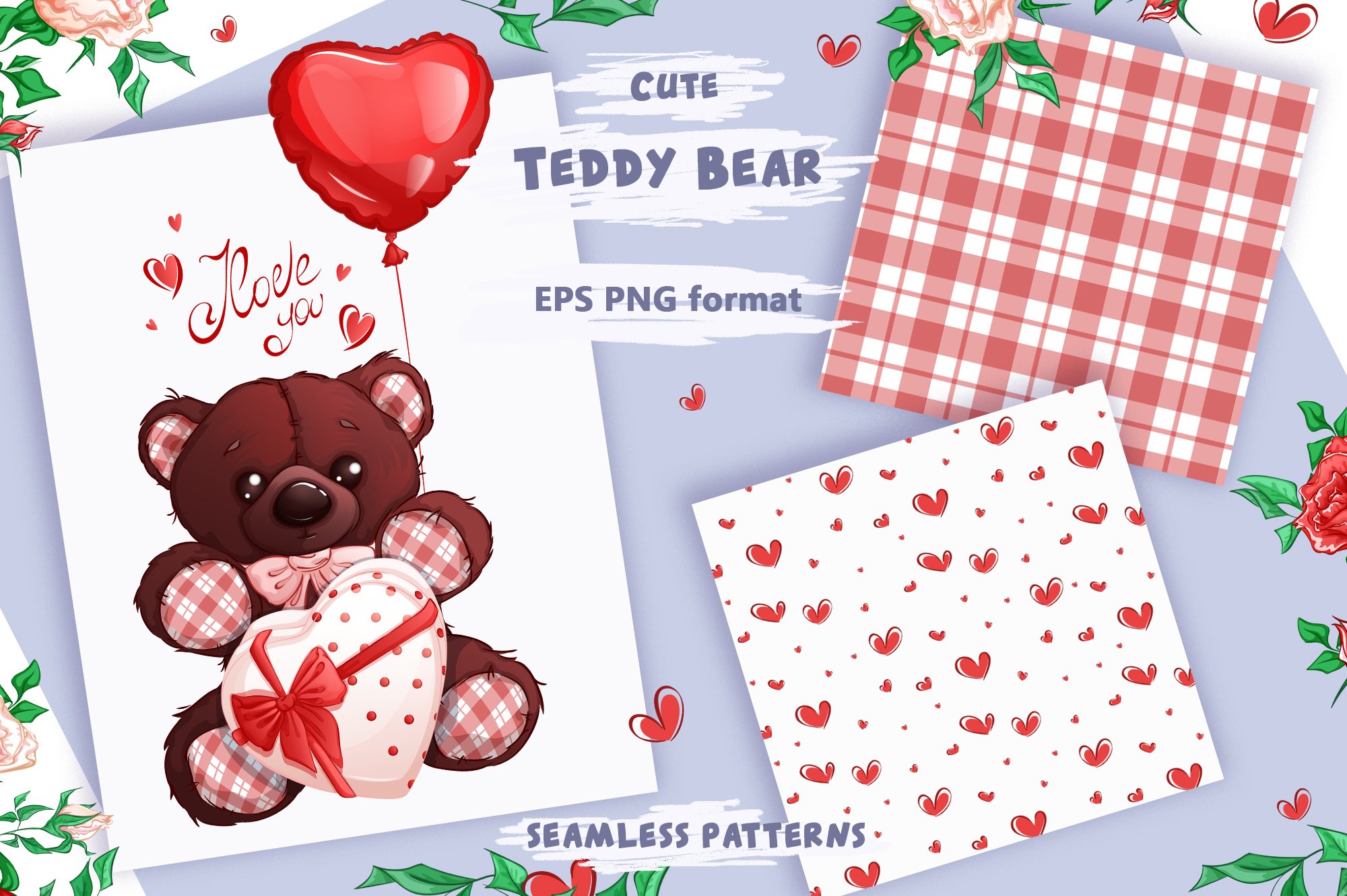 Teddy bear on Valentine's Day. Clipart and patterns. (1146888 ...