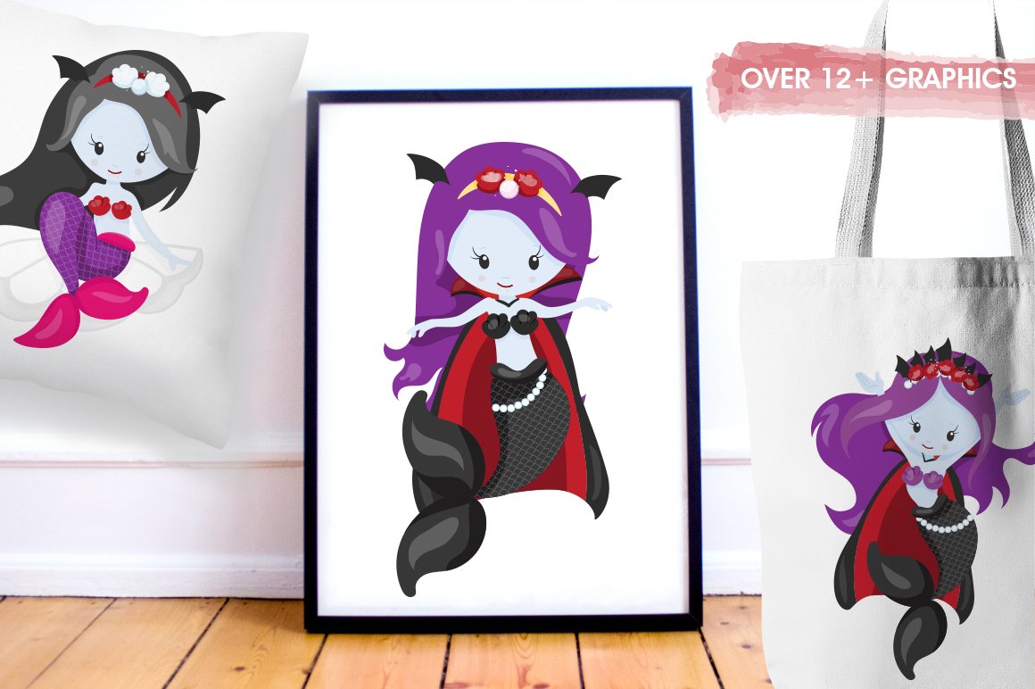Halloween Mermaid Vampires Graphics and illustrations, vecto