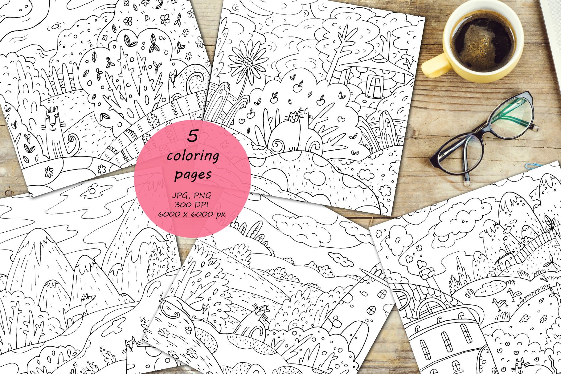 Cat in the Garden - coloring book (711993) | Illustrations | Design Bundles