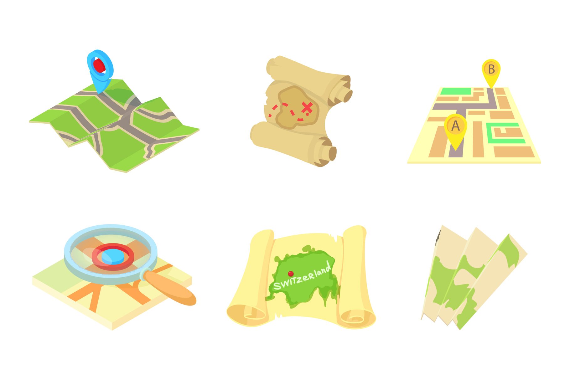 Maps icon set, cartoon style (490222) | Icons | Design Bundles
