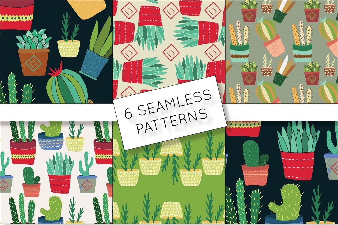 Cactus Clipart and Seamless Pattern Set