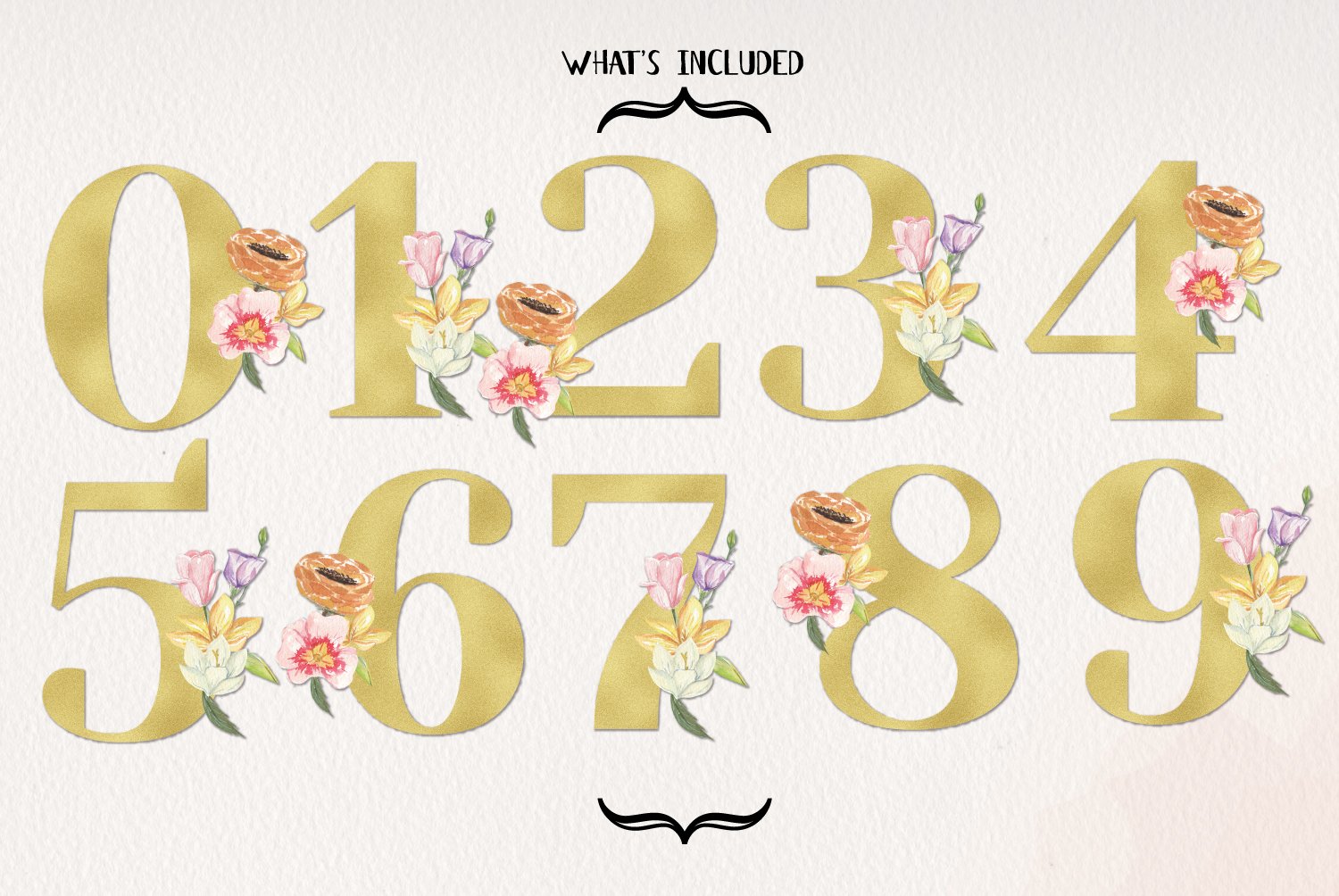 Watercolor Floral Numbers Elements Flowers 0 - 9 Gold Spring
