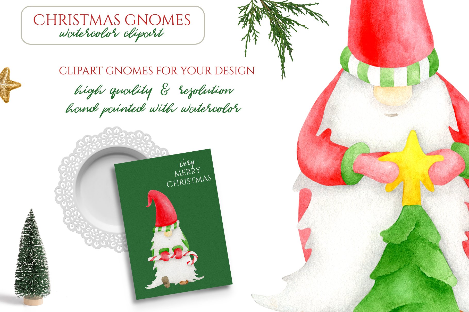 Christmas Gnomes. Hand drawn watercolor clipart elements (1045212 ...