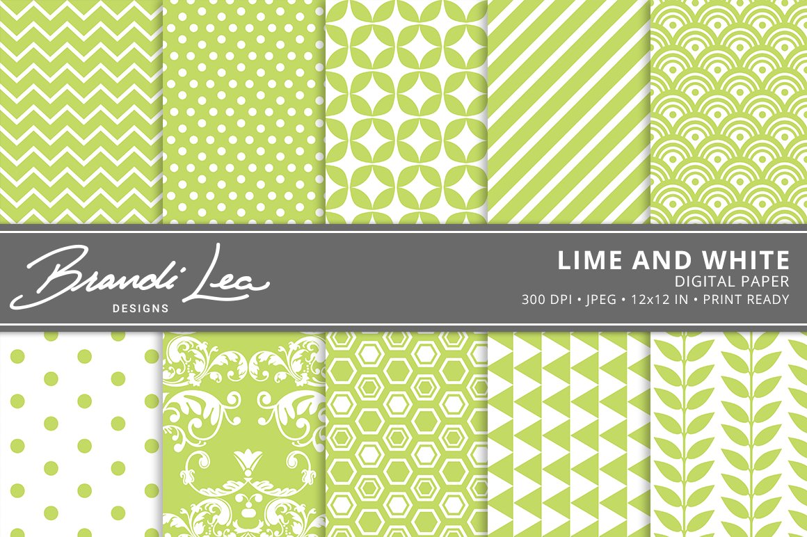 Lime & White Digital Paper Pack (26883) | Backgrounds | Design Bundles