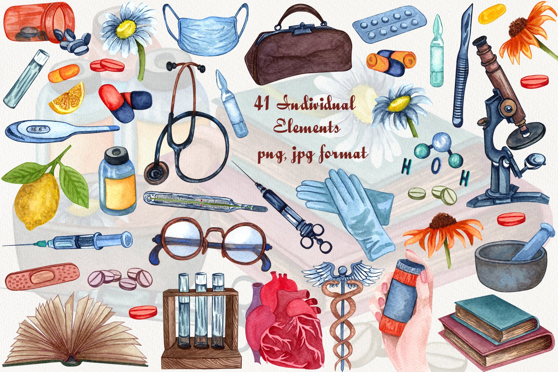 Health Care Watercolor Clip Art (348715) | Illustrations | Design Bundles