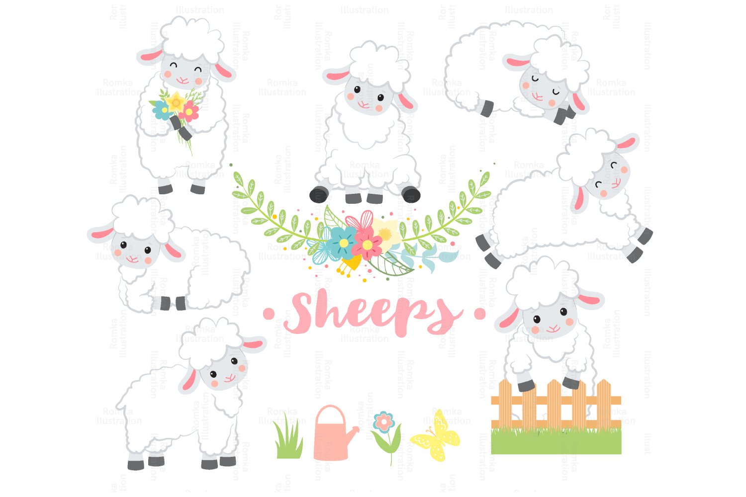 Vector Clip art with cute sheeps (576208) | Illustrations | Design Bundles