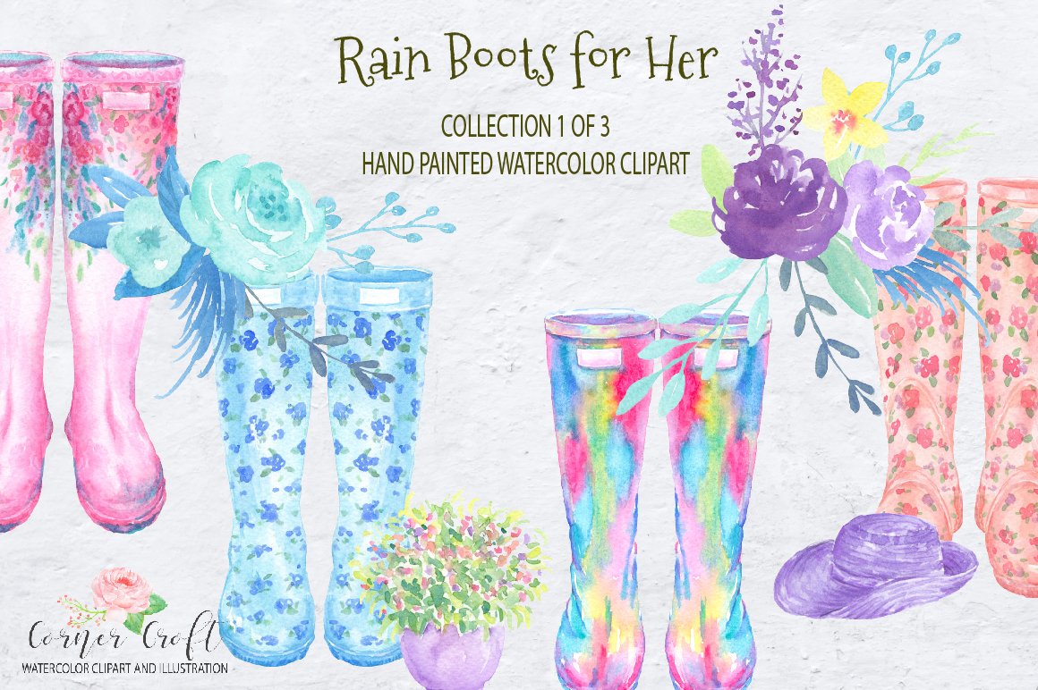 Watercolor Rain Boots for Her, Watercolor Clip Art (46212 ...