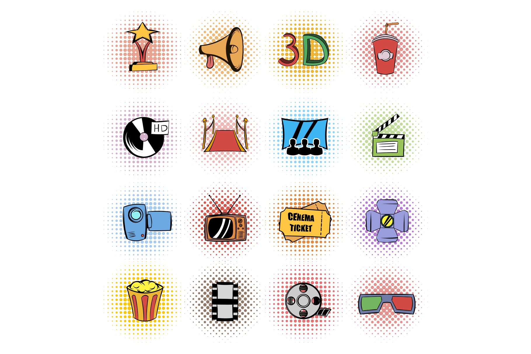 Cinema comics icons set (552296) | Illustrations | Design Bundles