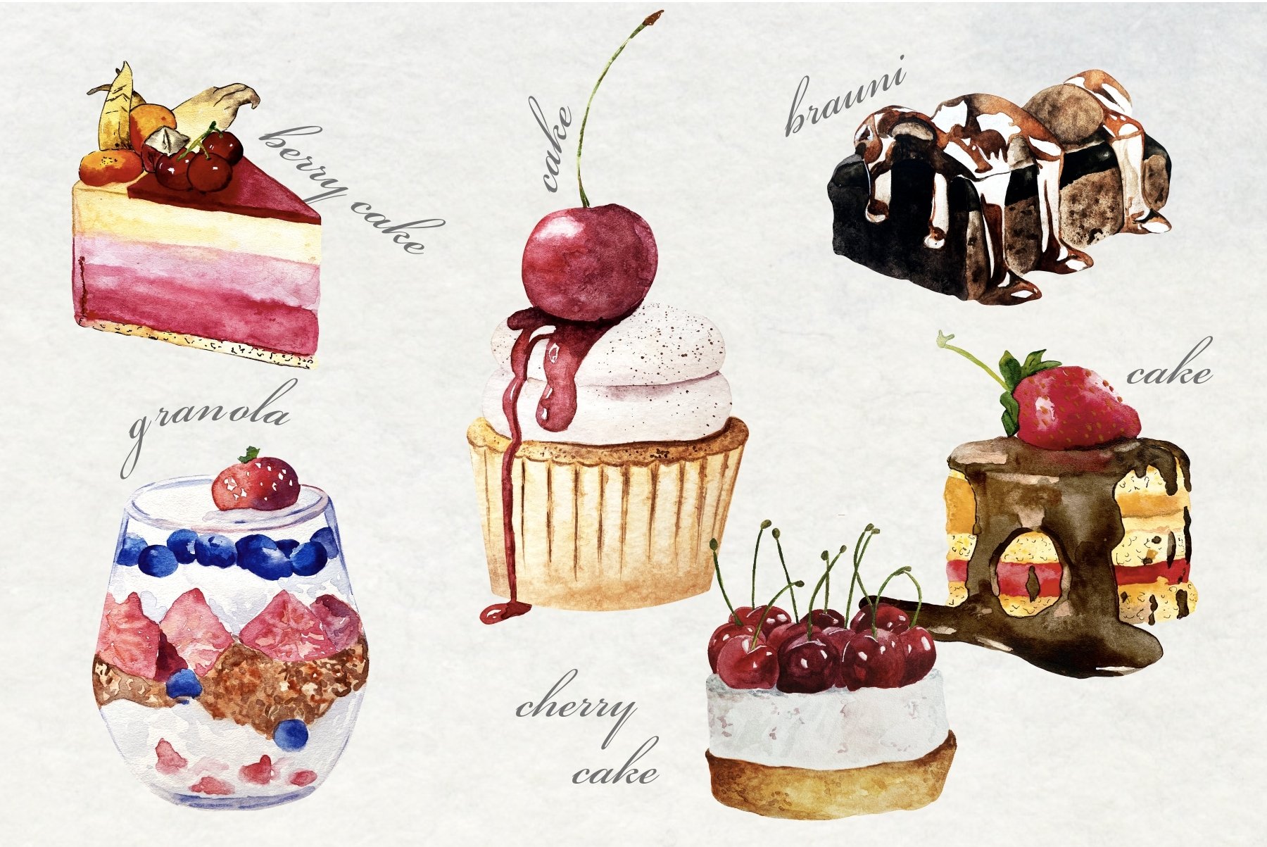 Watercolor Cake, Sweets and Desserts Clipart (689696) | Illustrations ...