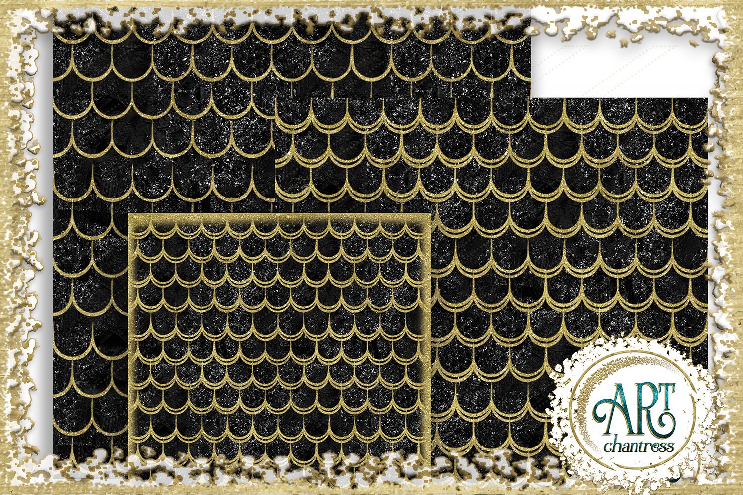 18 Digital Papers - Black and Gold Glitter - Mermaid Scale Tail Digital ...