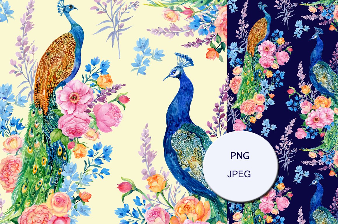 Peacocks Seamless Pattern,floral Watercolor Digital paper (37009 ...
