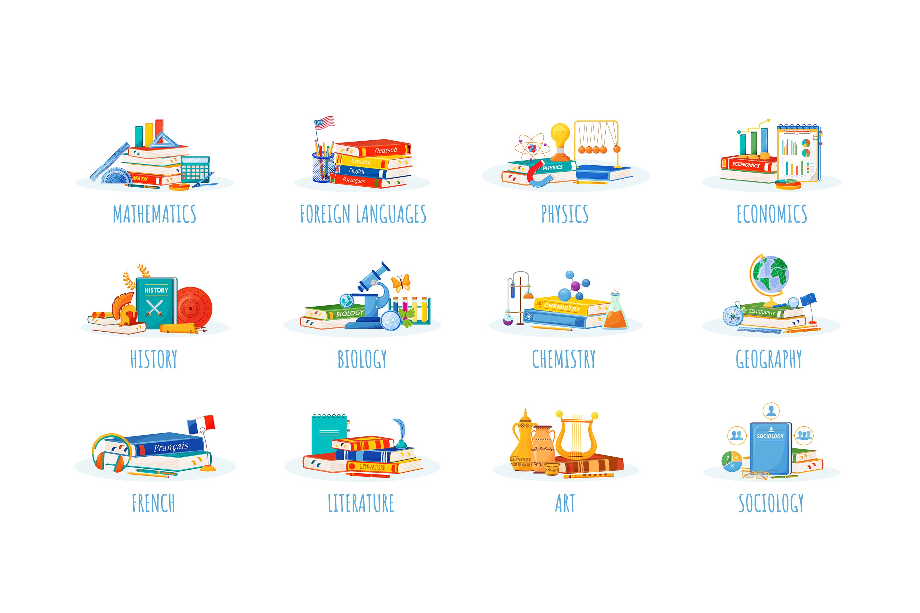School subjects flat concept vector illustrations set (1181305 ...