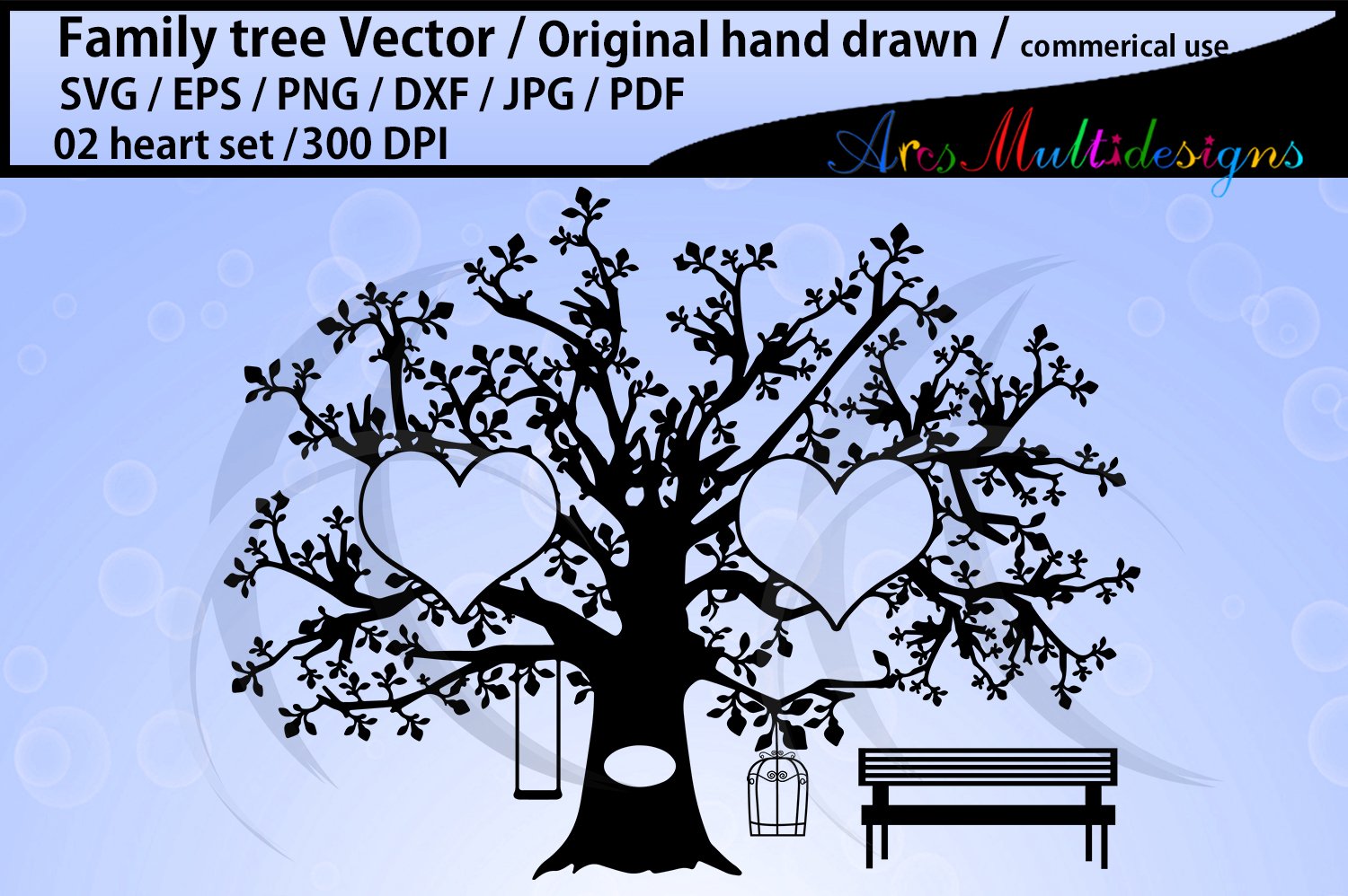 2 hearts family tree clipart / hand drawn tree svg vector (409754 ...