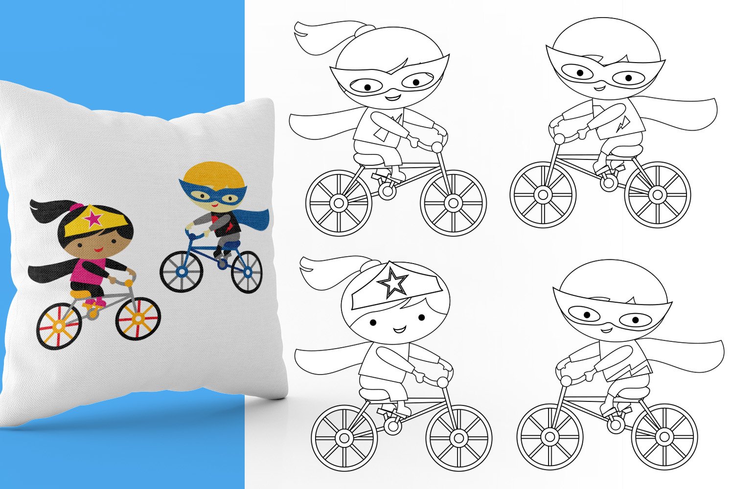 Superhero kids riding bicycle illustrations (218129) | Illustrations ...